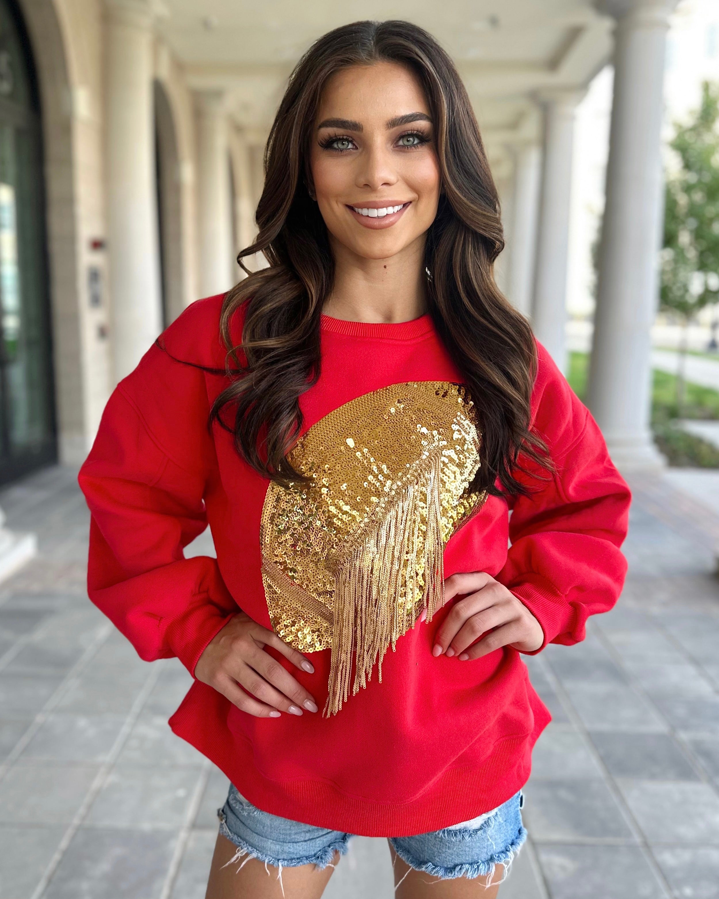 Red/Gold Sequin Fringe Football Pullover – Hailey Brook Designs