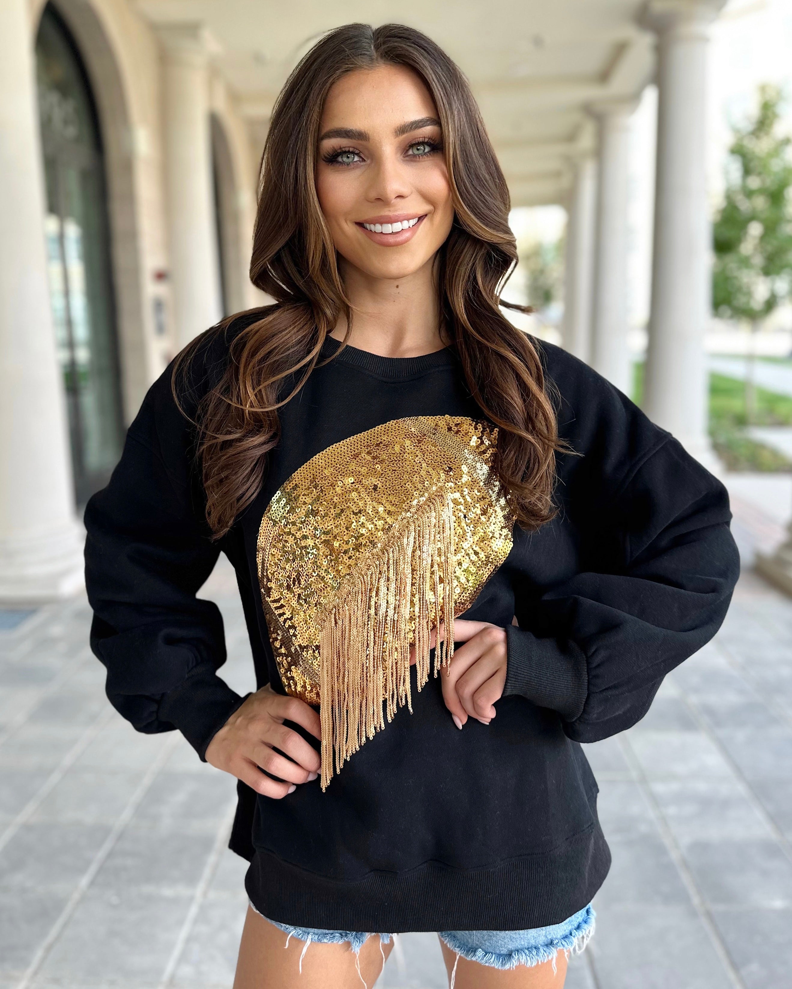 Black/Gold Sequin Fringe Football Pullover – Hailey Brook Designs